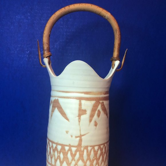 Shino Glaze | Accents | Vintage Vase Bottle Carrier Pottery Shino Glaze Goldtan Rattan Loops 5 ...